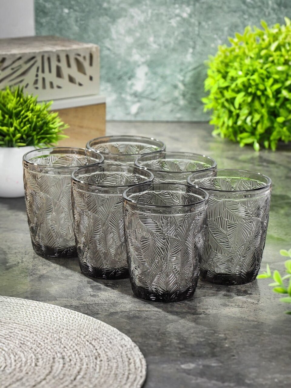 Набор стаканов 300 мл, стекло, 6 шт, Листья, серый, Y6-10166