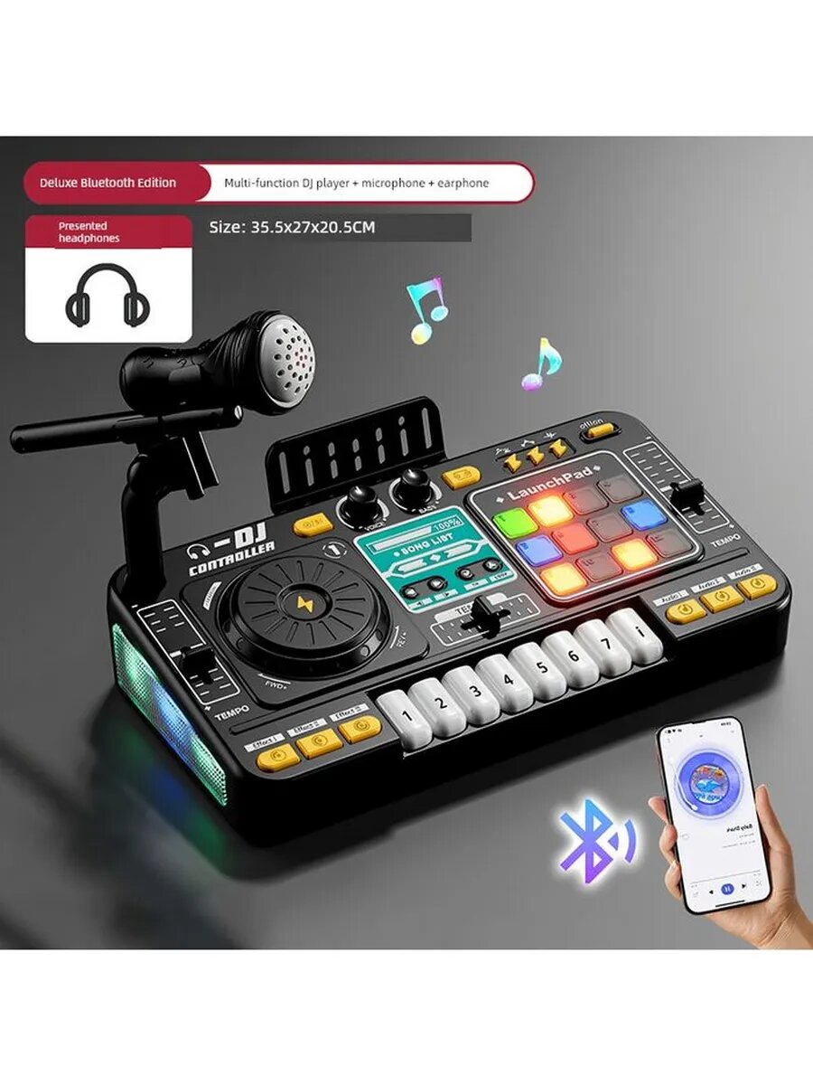 Черный DJ микшер с микрофоном и гарнитурой (USB, Bluetooth)