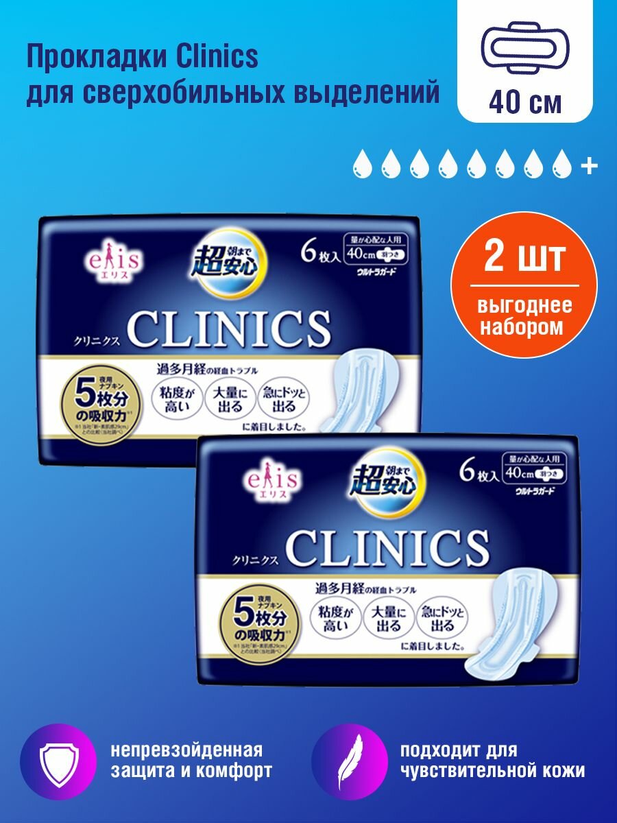 Женские прокладки Elis. Clinics при гиперменореи, 8+ капель, 40 см, 12 шт
