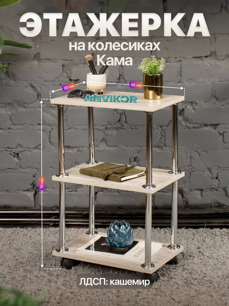 Этажерка косметологическая тележка ЛДСП с колесиками 3 полки для парикмахера Кама серый