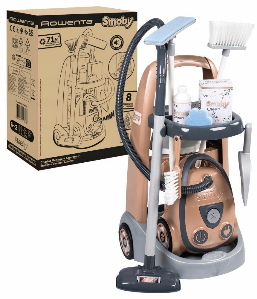 Игровой набор Smoby - Игрушечная детская Тележка для уборки с пылесосом ROWENTA + 8 аксессуаров - Смоби 330325