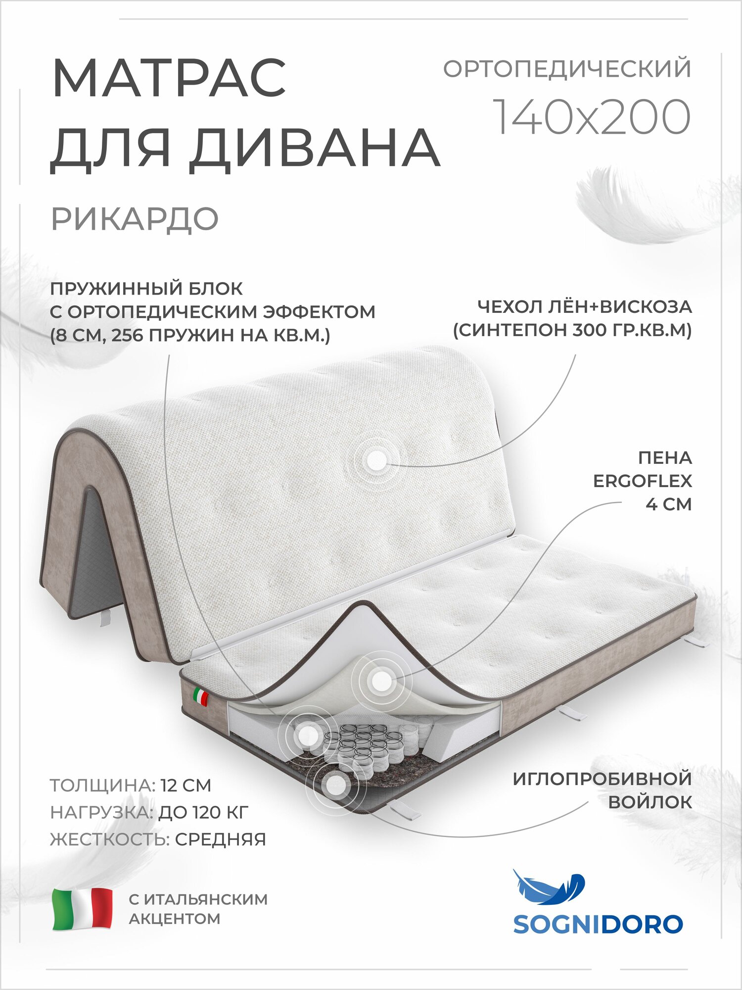 Матрас для дивана аккордеон 140х135х12, 140х65х12 см.(140х200х12), ортопедический рикардо с пружинным блоком