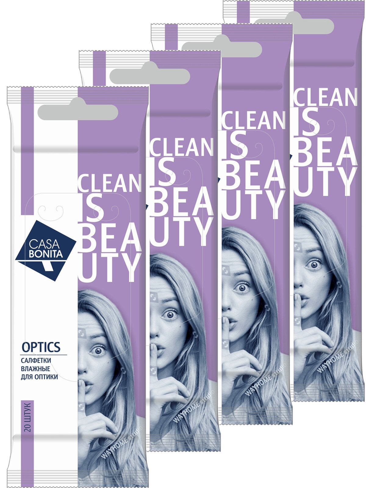 Влажные салфетки Casa Bonita для ухода за очками и оптикой, 20 салф. х 4 уп