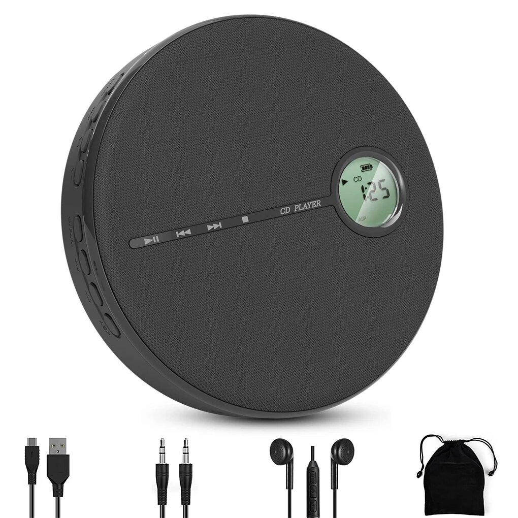 Портативный CD-плеер Walkman, перезаряжаемый Bluetooth Discman с динамиками, CD-плеер с черный