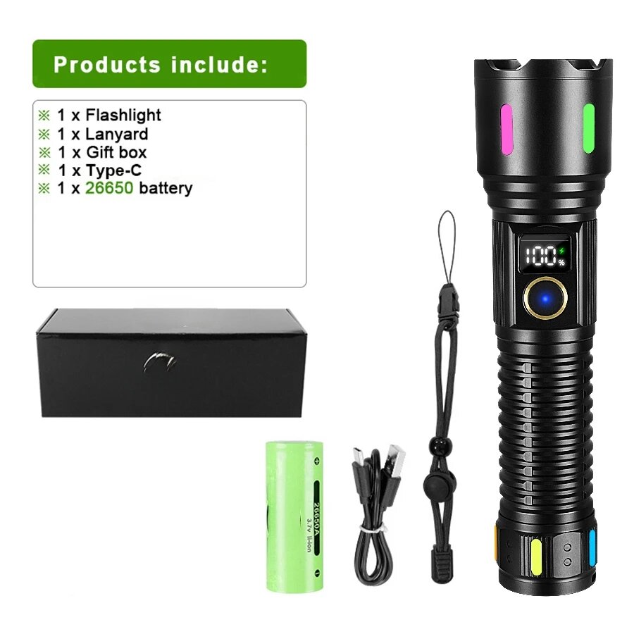 Мощный перезаряжаемый USB фонарик Зеленый, 26650 Battery Box