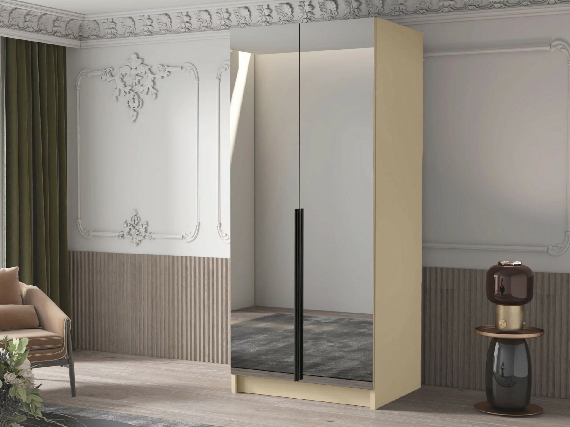 Двухсекционный шкаф Элли с 2 зеркалами (черные ручки) Бежевый 2077 PE NEW 120*60*250 см Фиеста