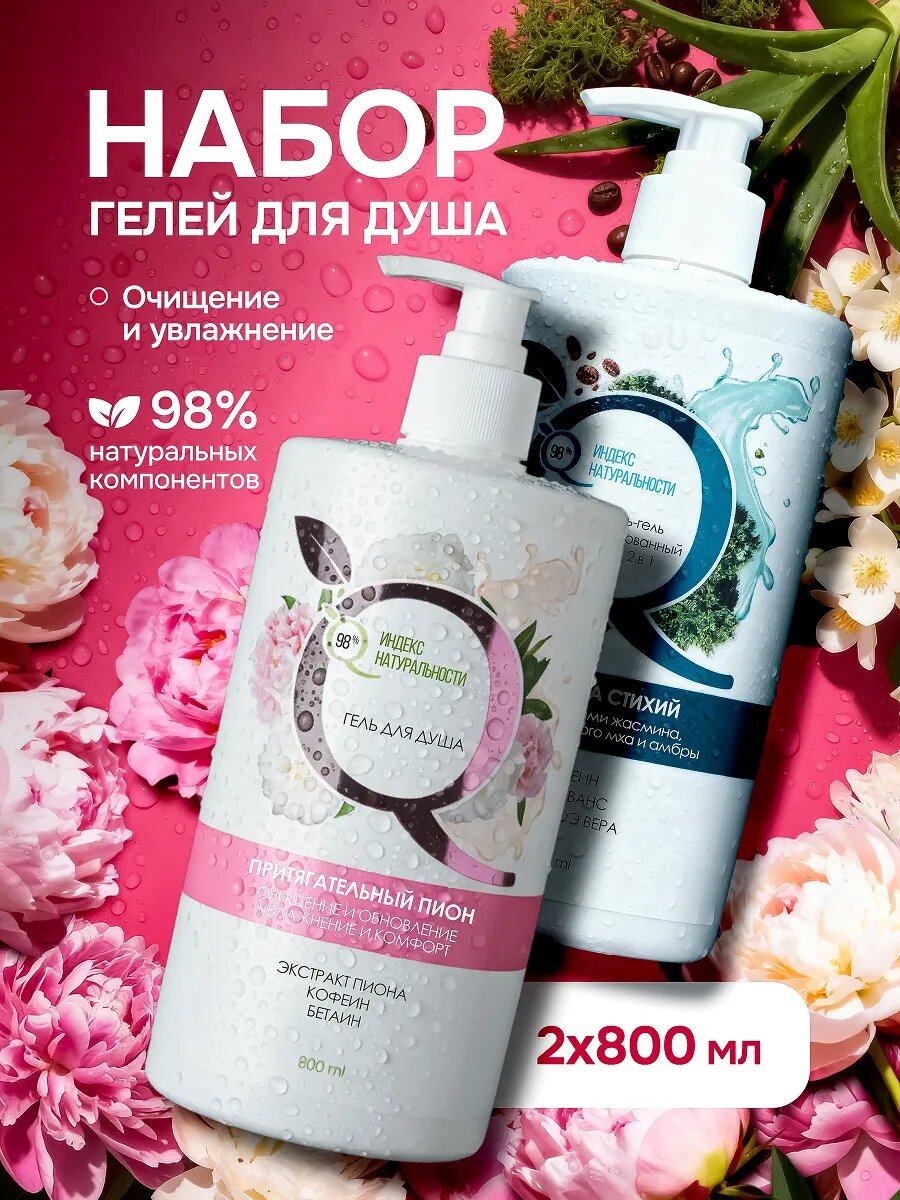 Набор гелей для душа Индекс Натуральности, 2 в 1 гель для душа и шампунь, 800 мл,2 шт