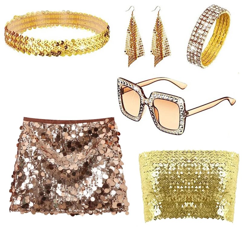 Ретро диско костюм 70-х для женщин S, Желтый, Golden