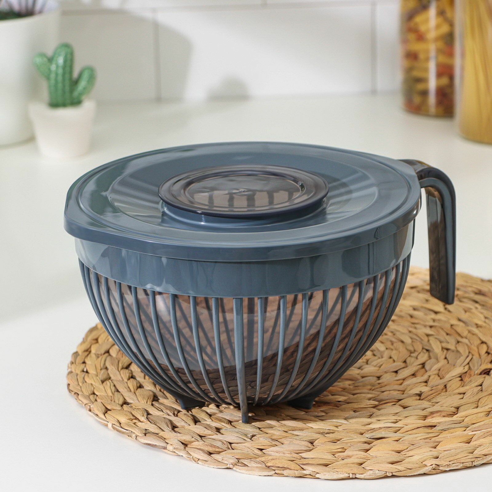 Ёмкость для миксера с крышкой 3 л, 26.5x22x14 см, пластик, серая