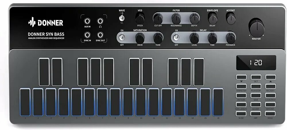 Аналоговый басовый синтезатор и секвенсор, Donner Essential B1 с интуитивно понятным пользовательским интерфейсом, памятью 128 паттернов