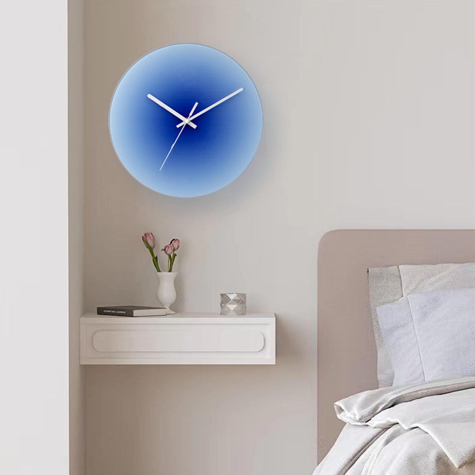 Quartz Wall Clock 12 -дюймовые стеклянные стеклянные круглые круглые настенные часы для гостиной кухня класс синий