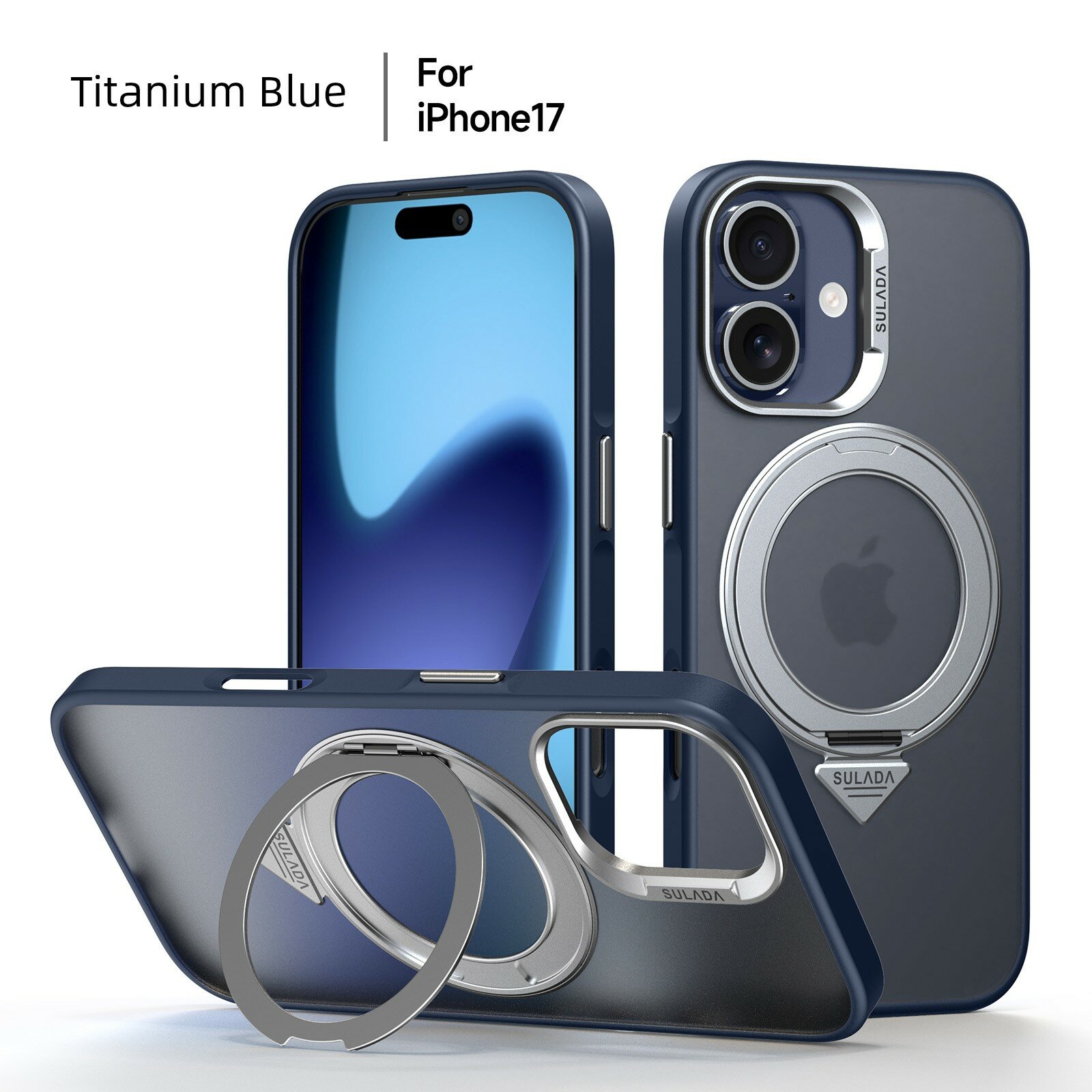 IPhone 17 Pro Матовый полупрозрачный магнитный поворотный кольцевой стойка чехол - Титановый синий