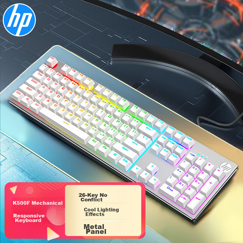 HP K500Y Mechanical Keyboard, Punk Steam Retro Wired Gaming Keyboard, for PUBG, Laptop, E-Sports, LOL, Office Use, White Backlit with Square Keycaps
