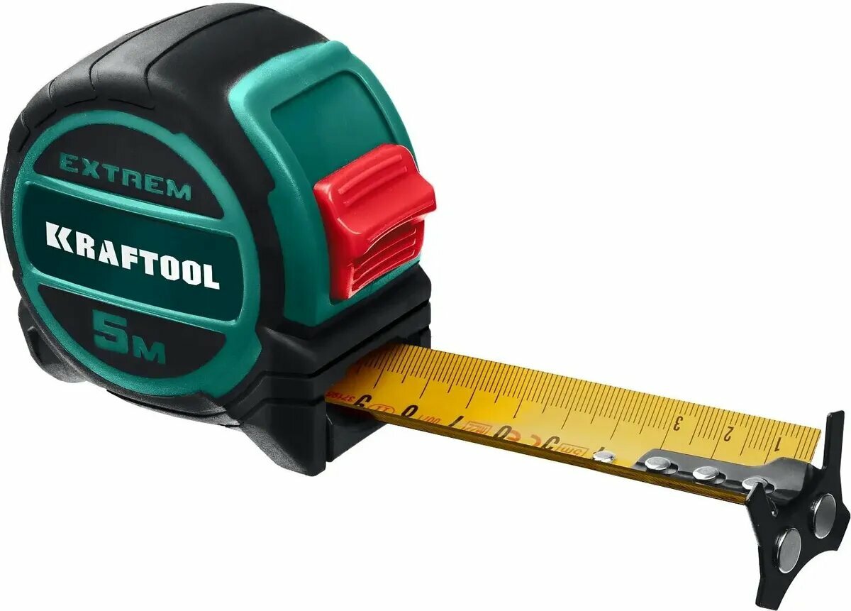 Рулетка строительная Kraftool 34127-5 дл. полотна 5м изм. шкала в см зацеп двусторонний зеленый/черный