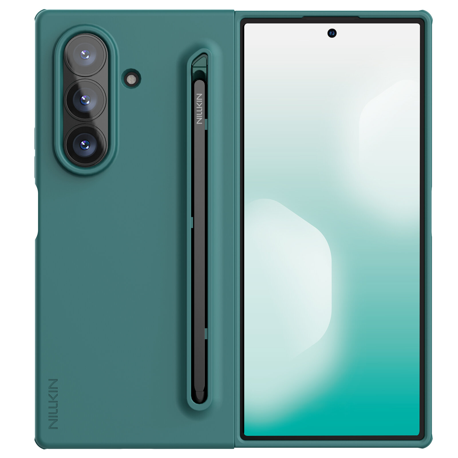 Чехол зеленого цвета покрытый мягким жидким силиконом от Nillkin для Samsung Galaxy Fold 7, серия Flex Pure Fold Case (в комплекте перо S Pen)