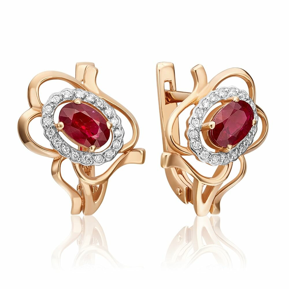 Серьги, красное золото, 585 проба, бриллиант, рубин