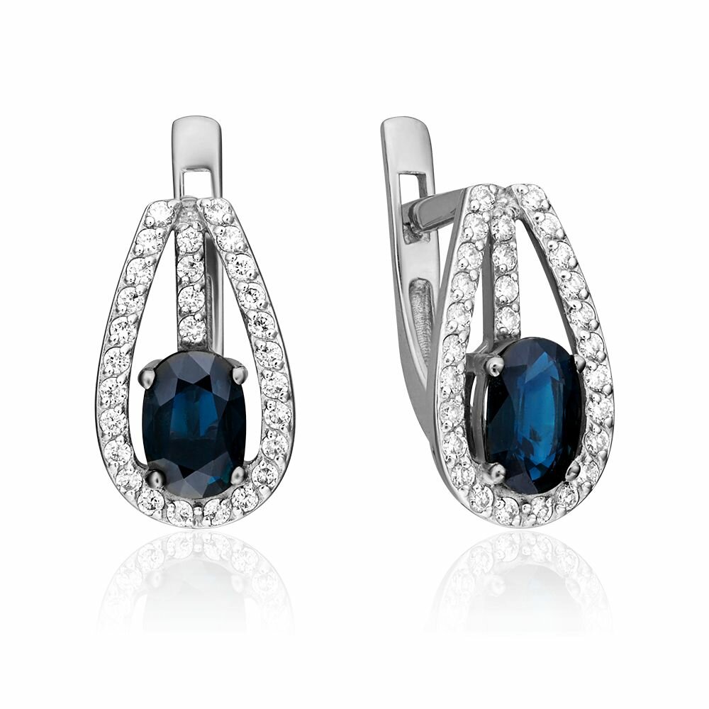 Серьги, белое золото, 585 проба, родирование, сапфир, бриллиант