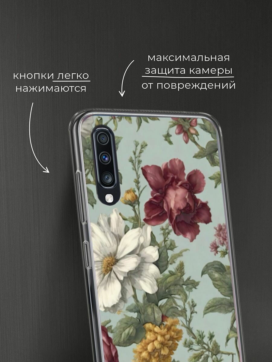 Силиконовый чехол на Samsung Galaxy A70 / Самсунг Галакси А70 с принтом Акварельные красные цветы — фото 1