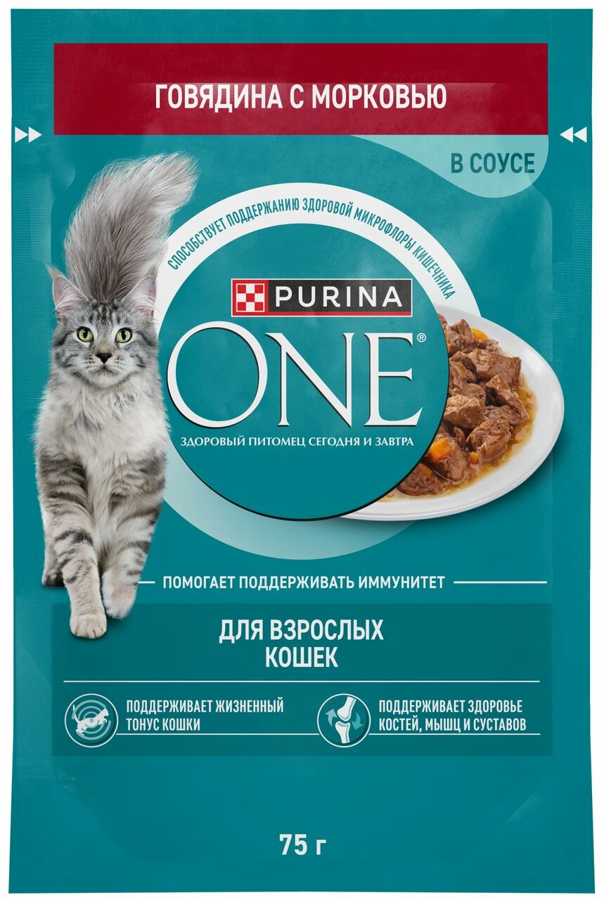 Корм влажный для взрослых кошек PURINA ONE Adult с говядиной и морковью в соусе, 75г x 10 упаковки