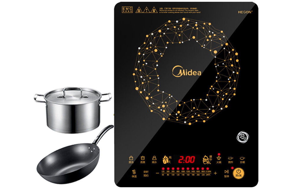 Индукционная плита Midea C21 WT2118, черная, с умным таймером, 10 уровней нагрева, панель со звёздами