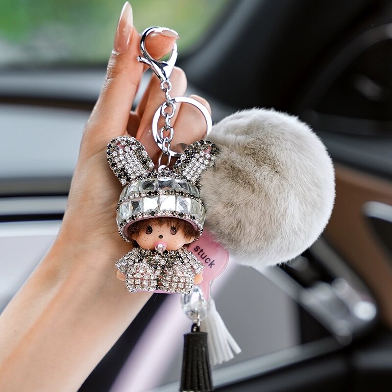 Monchhichi сидячие кроличьи уши, ключевое кольцо с серым плюшевым шариком и настоящей кроличьей шерстью, подарок для