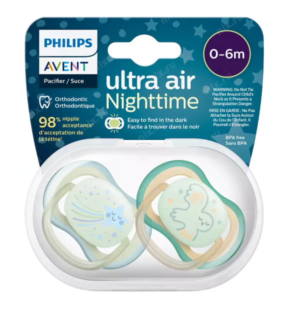 Philips SCF376/18 Пустышка ultra air, ночная, звезда/сова, 0-6 мес, 2 шт.