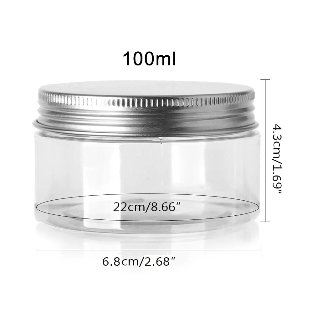 Прозрачные пластиковые банки с алюминиевыми крышками, 20-250 мл 100ml 68x43mm