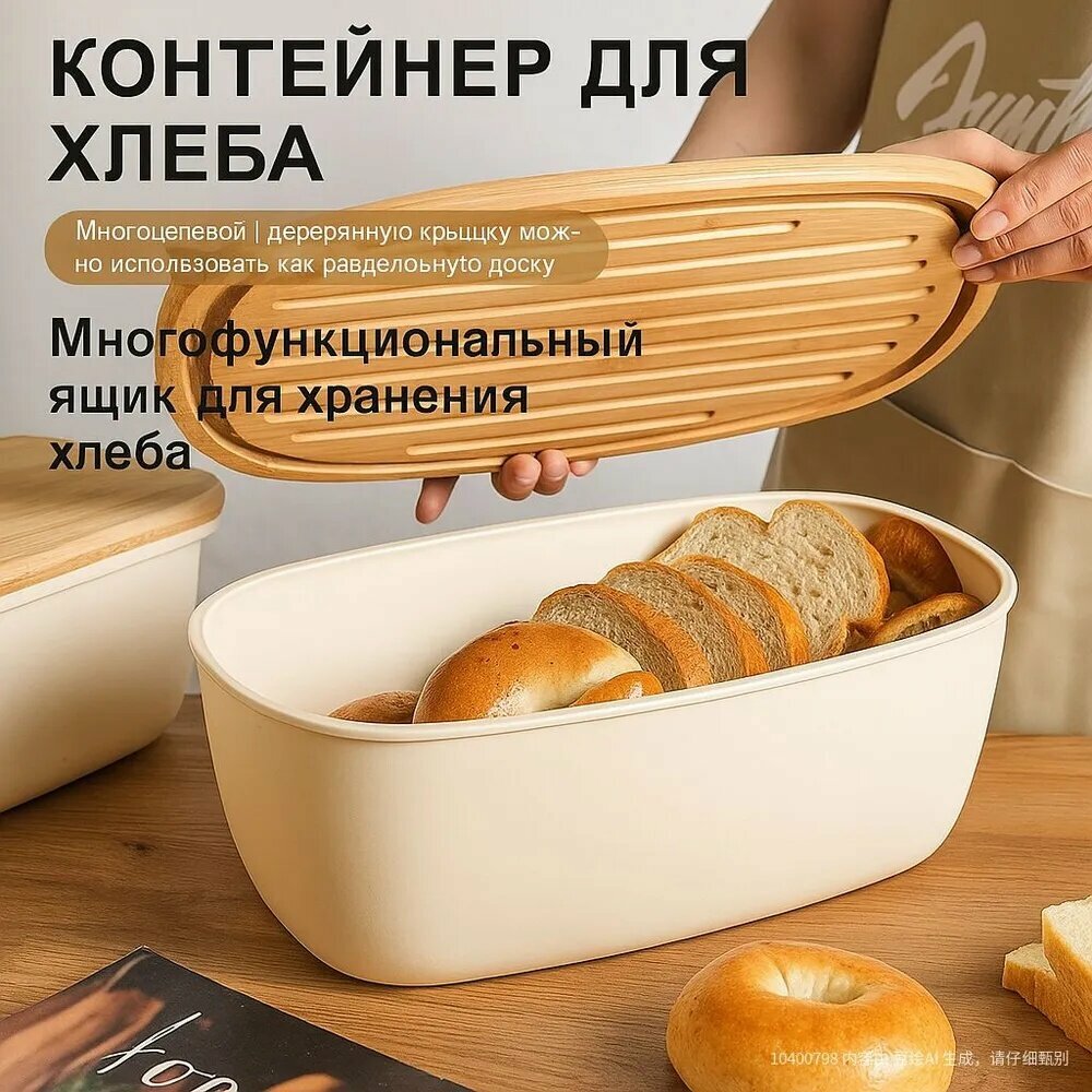 Хлебница с бамбуковой крышкой, из бамбука и пластика, овальная, 37×22.5×14 cm