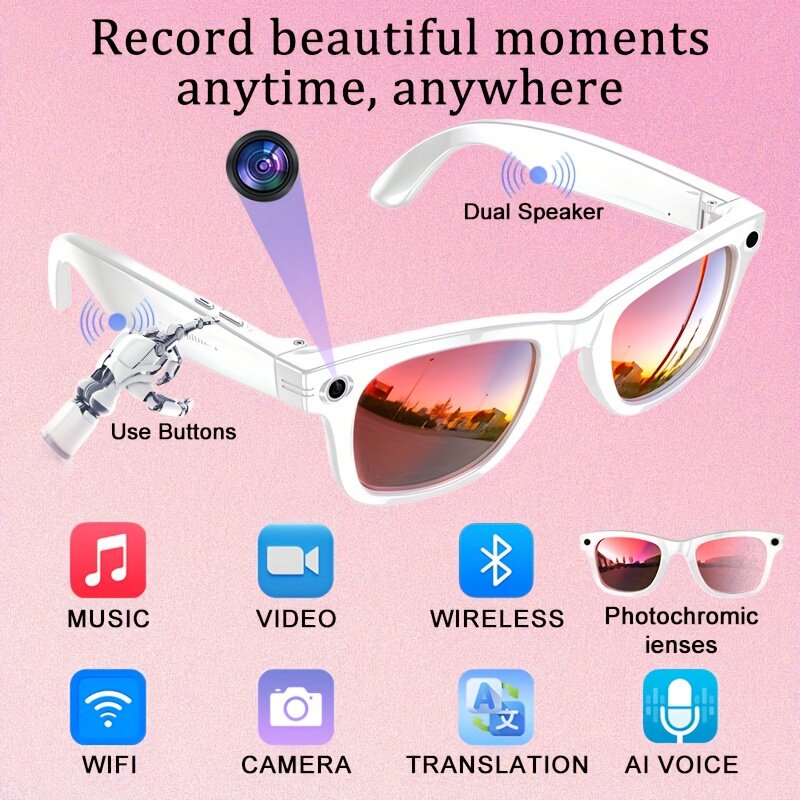 Black Friday Hot Seller - Camera-AI Smart Voice Glasses, Voice Assistant Headset, Video/Audio Translation, Bluetooth Call Fashion Glasses for Men And Women, 8MP Ultra-Wide-Angle Camera HD 1080P Polarized Conference Recorder, Outdoor Sports Fashion