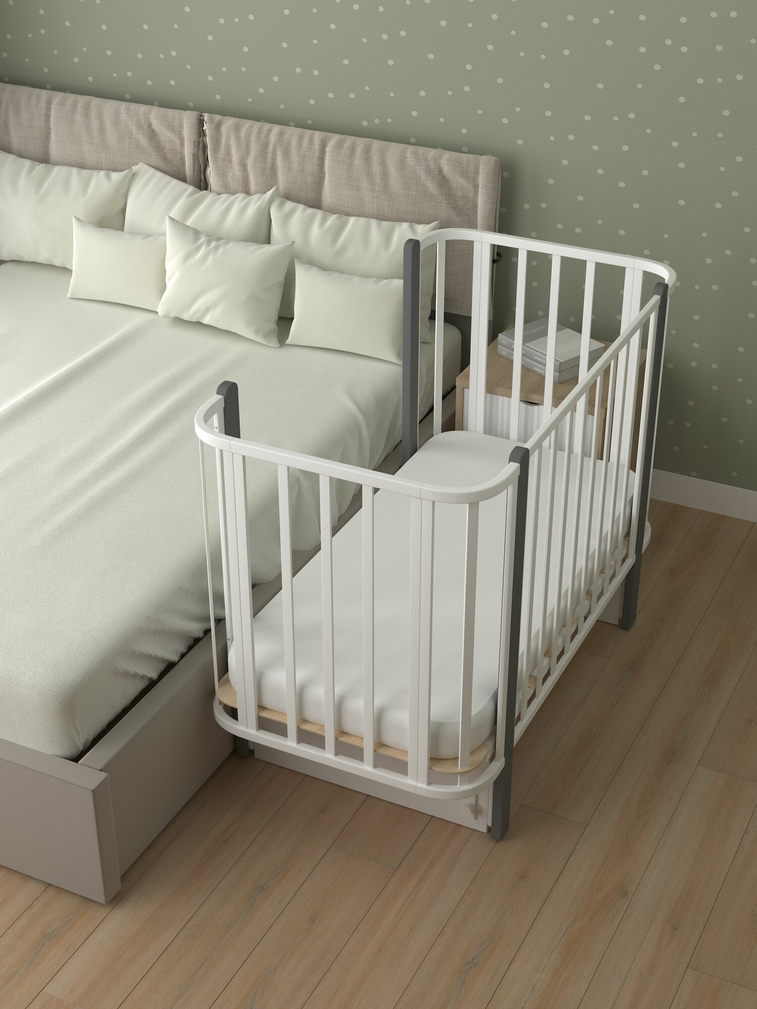 Приставная детская кроватка для новорожденного с маятником, Мультик, 120х60, Белый/Серый