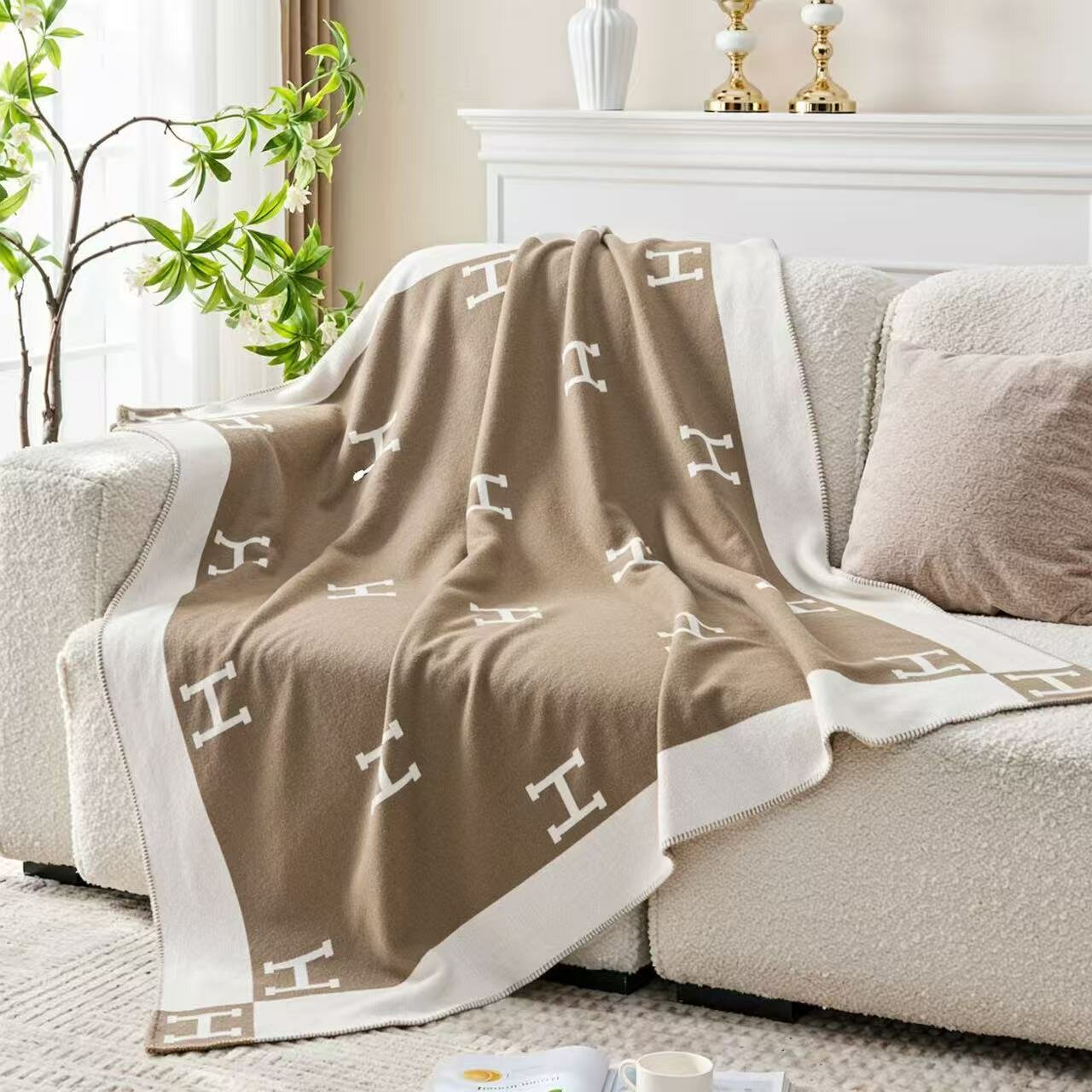 Плед из искусственного кашемира, с ворсом из шерсти, дизайн в виде буквы, 130x170 см, оранжевый