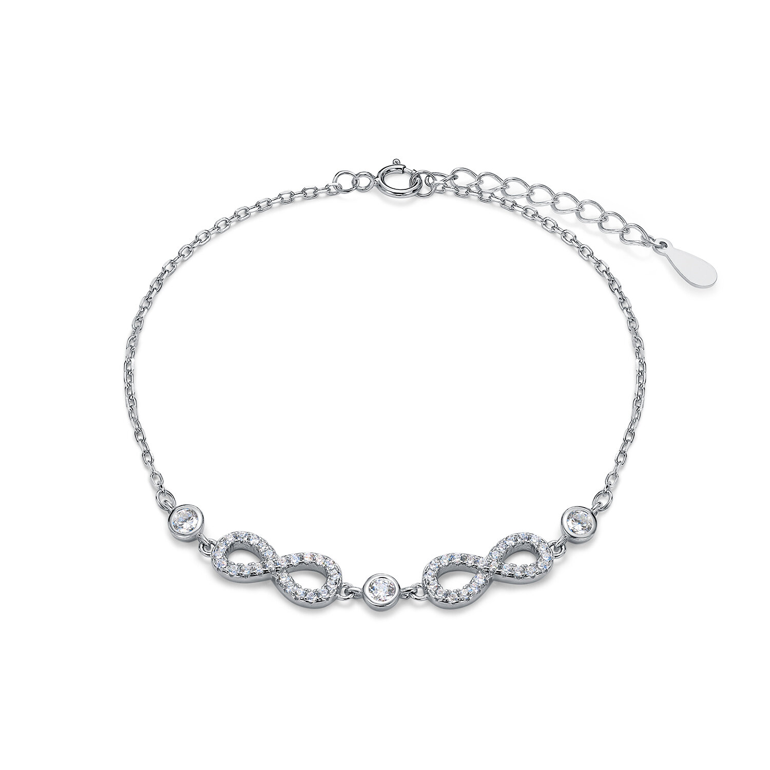 Браслет-цепочка, серебро, 925 проба, родирование, фианит