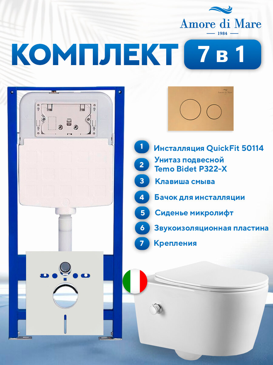 Инсталляция Amore di Mare QuickFit 50114 с унитазом с функцией биде Temo P322-X, сиденье с микролифт, кнопка 303G