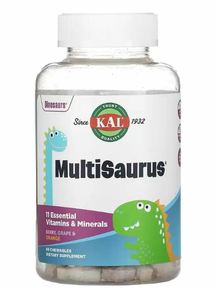 Multisaurus Kal апельсин+ягоды+виноград, 90 жевательных таблеток, комплекс незаменимых витаминов и минералов