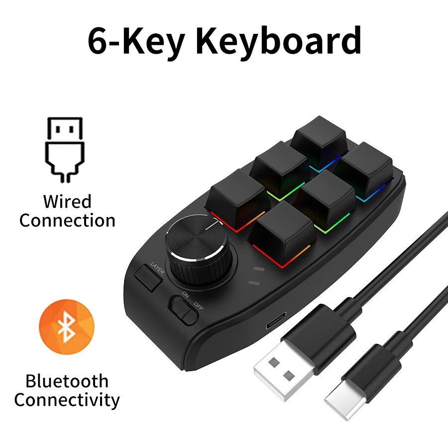 Беспроводная мини-клавиатура Bluetooth, механические клавиши, 6 макросов Черный, Black wired BT