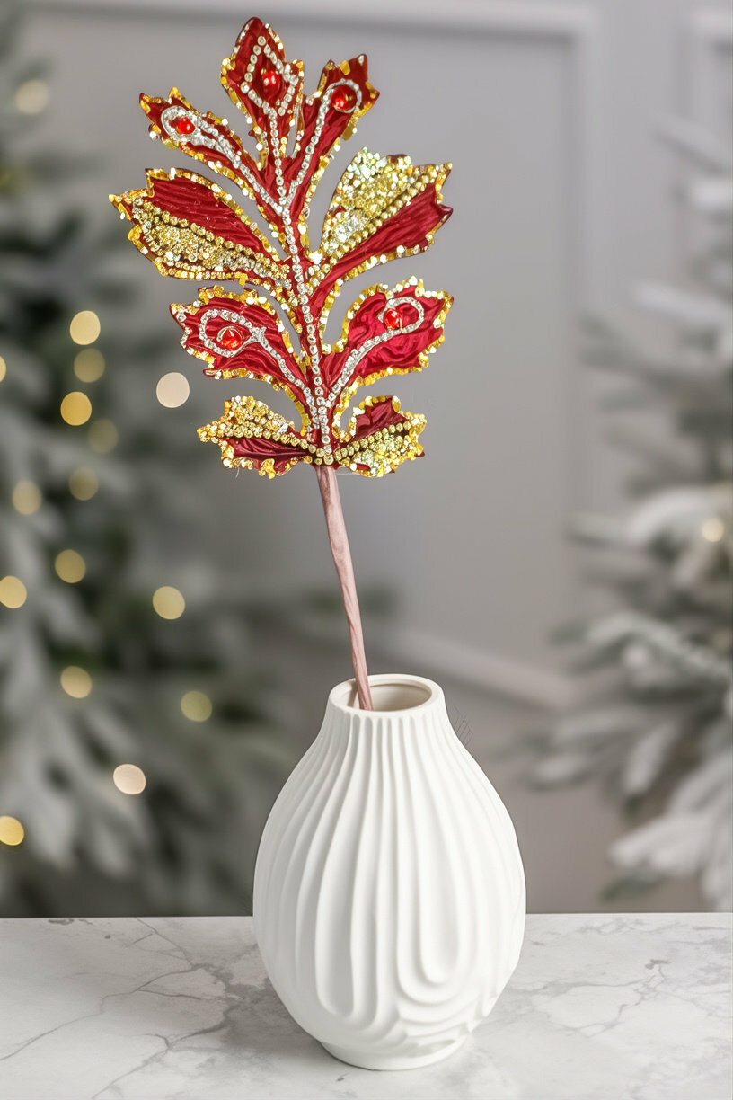 Декоративная ветка дубовый лист, полиэстер, бургунди, 39 см, Winter Deco 5001115