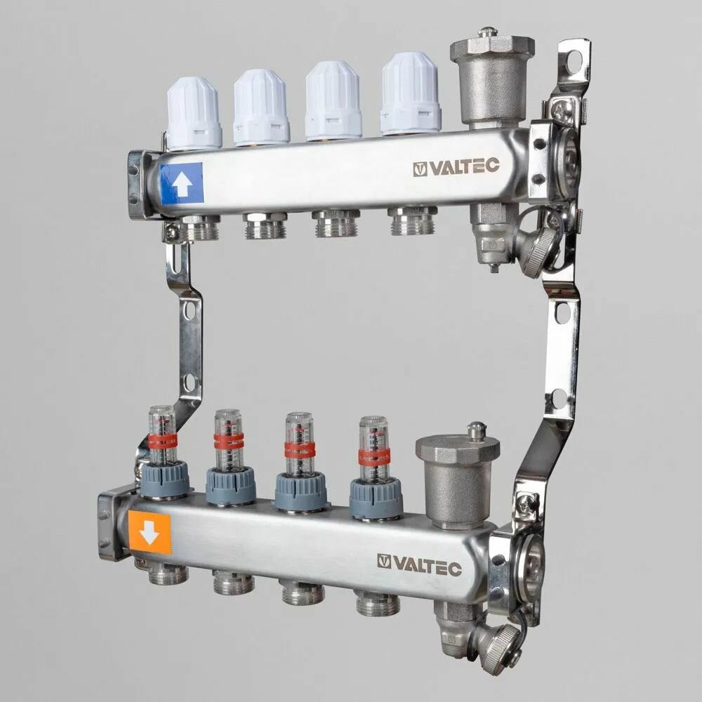 Коллектор для теплого пола VALTEC VTc.579. EMNX.0608 нержавеющая с регулирующими клапанами и расходомерами 3/4"