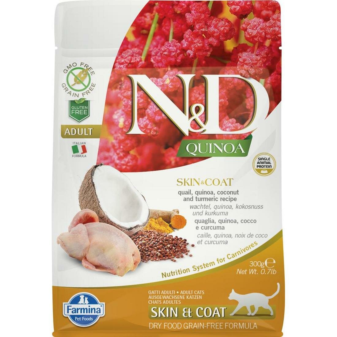 Farmina ND Quinoa Cat Grain Free Skin Coat Quail сухой беззерн корм для взрослых кошек для кожи/шерсти, перепел 300 г