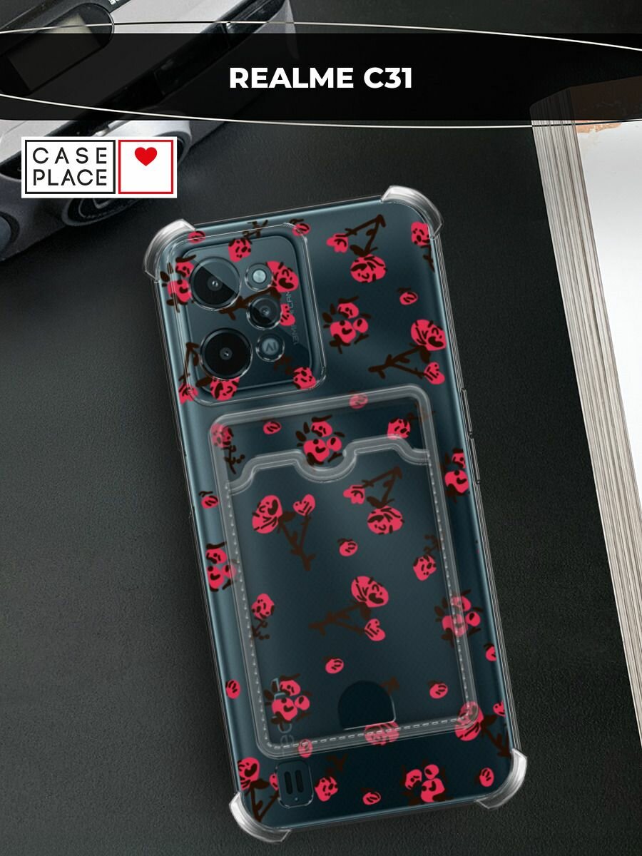 Чехол на Realme C31 (Реалми C31) с картой и принтом Паттерн красные розы