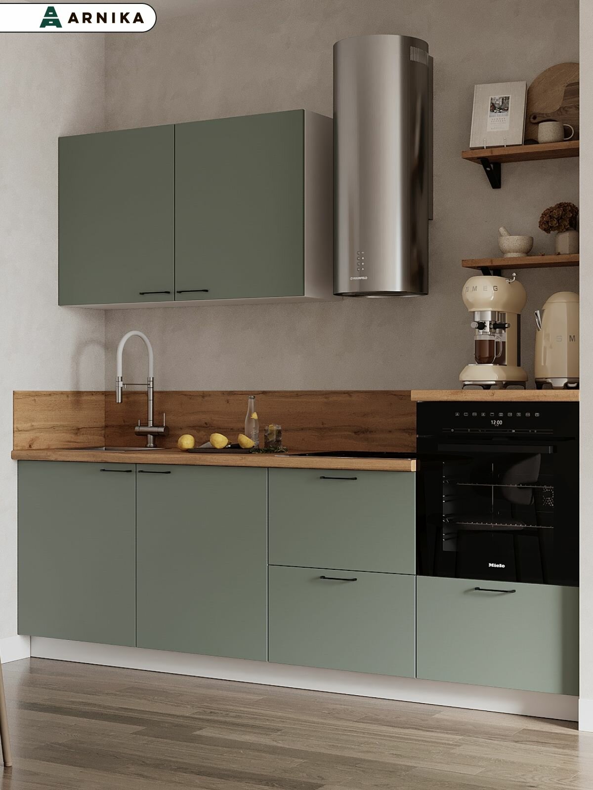 ARNIKA Кухонный гарнитур со столешницей "Дакия" 2,4м х цвет олива (зеленый), фасад Эмаль
