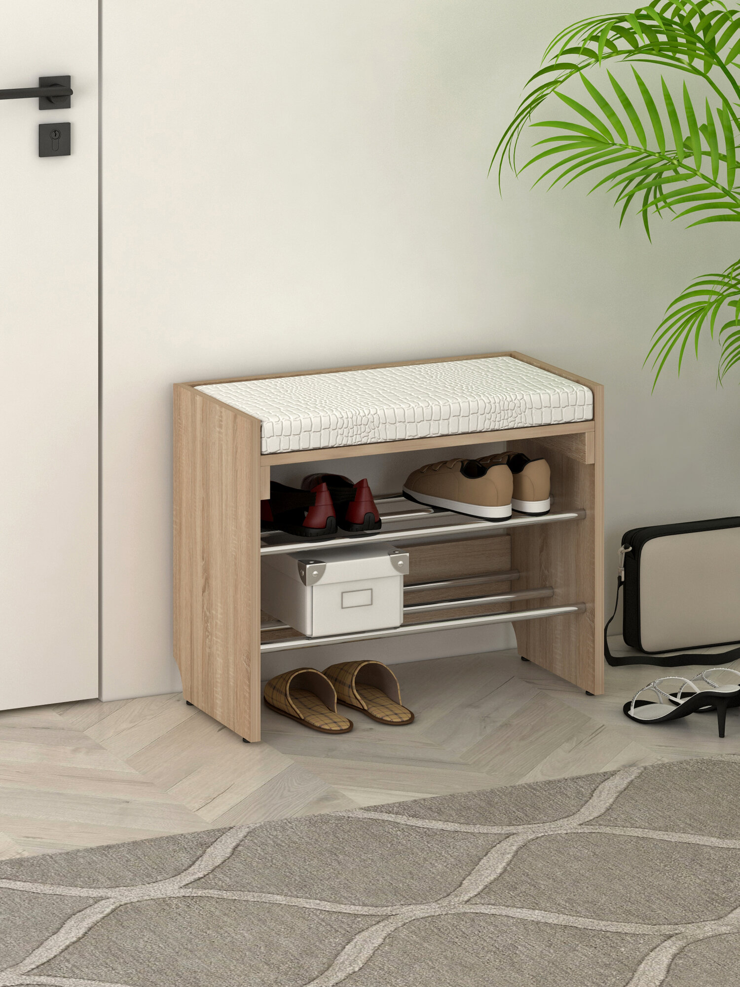 Обувница с сиденьем в прихожую Уют-600, тумба для обуви сонома/белый