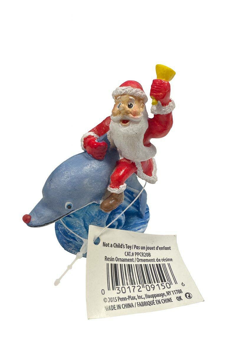 Новогодняя декорация для аквариума "дед мороз на дельфине с кубком"