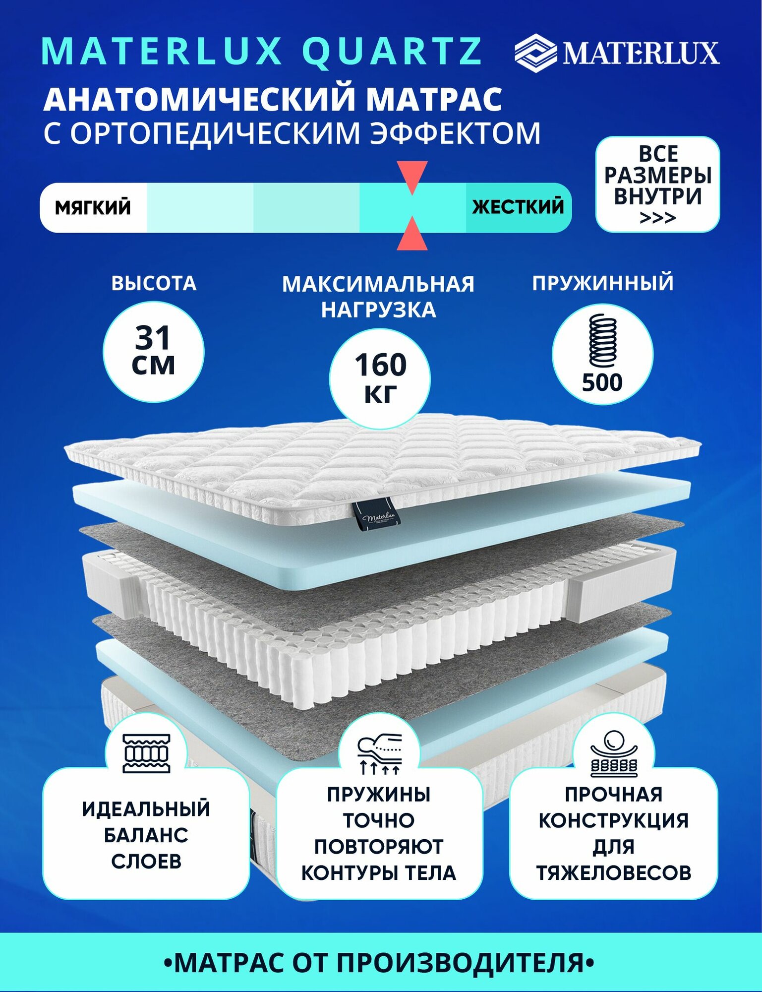 Матрас Materlux Quartz 90х210 серии Lux высота 29 см анатомический средней жесткости Независимые пружины