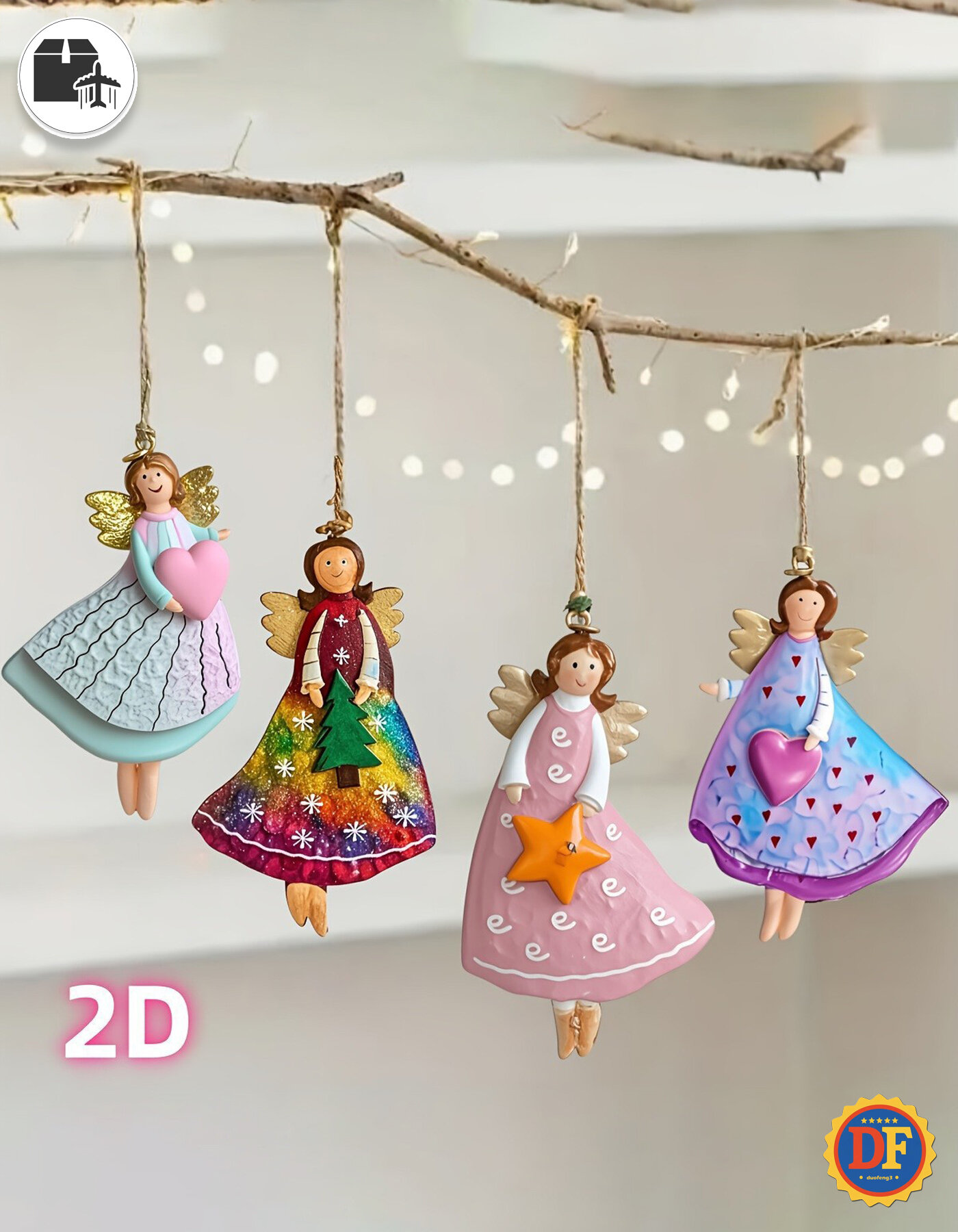 Винтажные деревянные подвески «Ангелочки» для елки — 7 дизайнов, ретро стиль, экологичный декор，Высота 8 см，4шт.