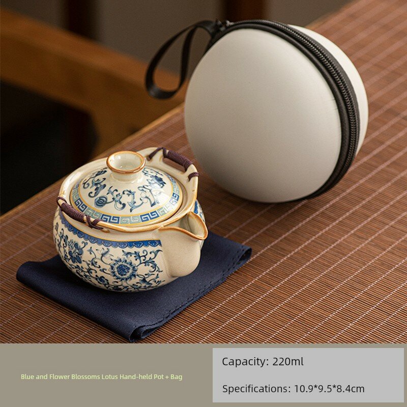 Чайник с сине-белым узором лотоса и сумкой, набор 220 мл керамический для чая