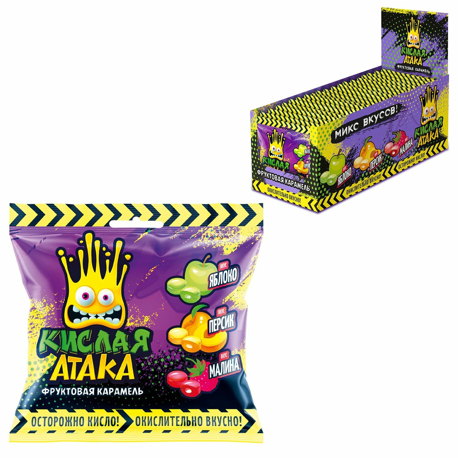 Карамель леденцовая кислая атака, ассорти вкусов (яблоко, персик, малина), 40 г, KA-4-1 (упаковка 20 шт.)
