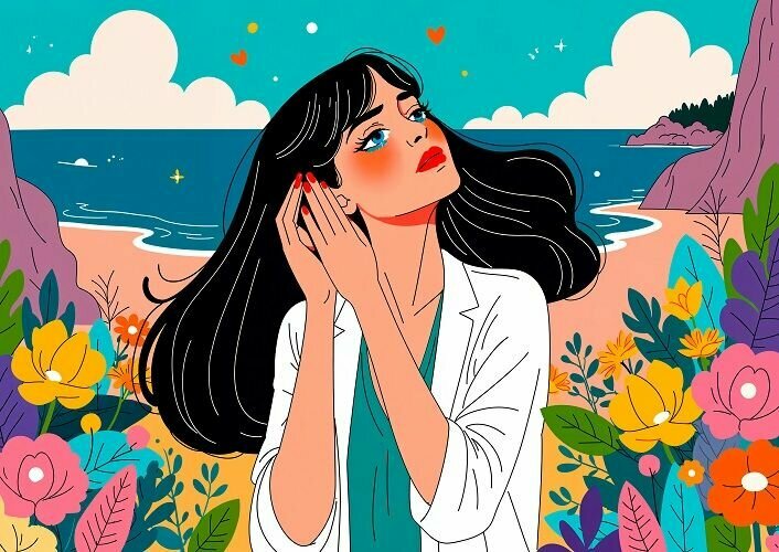 "Девушка у моря и цветы" - художественный постер. 20*31 см. Интерьерный А4_020.