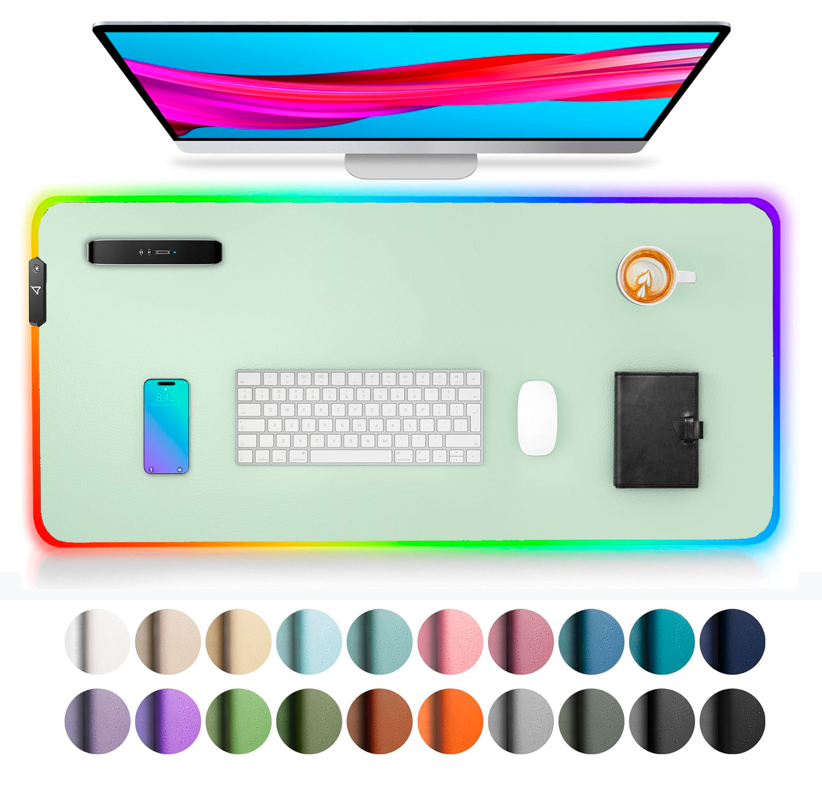 Коврик для клавиатуры и мыши с RGB подсветкой 40 см х 80 см , большой, водонепроницаемый, кожаный, салатовый