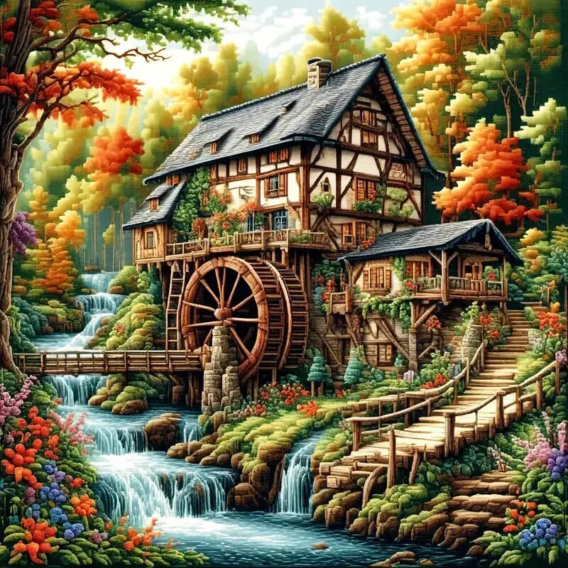 Вышивка крестом пейзаж с мельницей, 50x50 см, 11CT