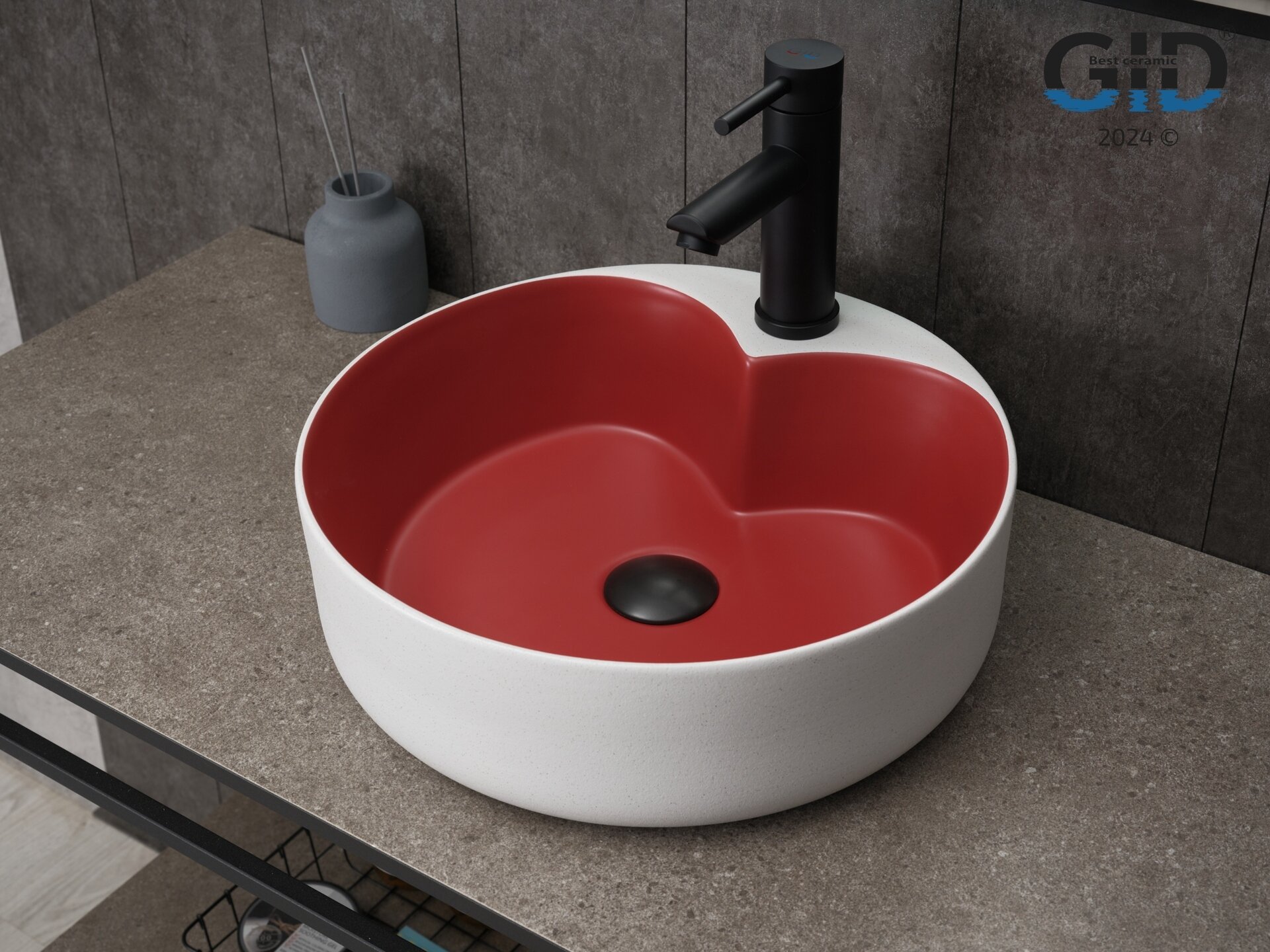 Раковина накладная GID Esfera N9013LS 40x40 красная матовая с белым графитовым бортом, круглая, керамика